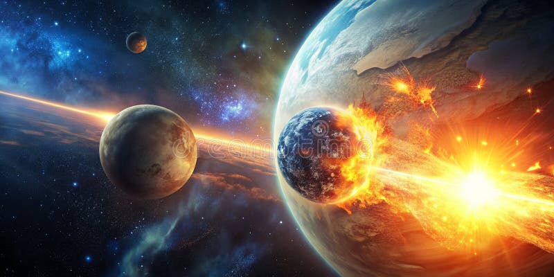Asteroid Exploding and Burning in Space Near the Planet Two Celestial ...