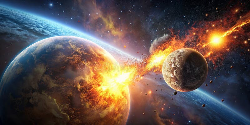 Asteroid Exploding and Burning in Space Near the Planet Two Celestial Bodies Colliding in Space ...