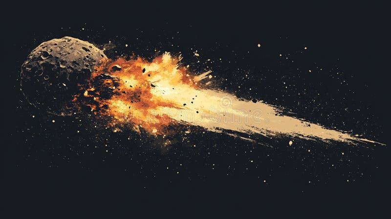 Asteroid Exploding in Space, Fiery Debris Trail Stock Illustration ...