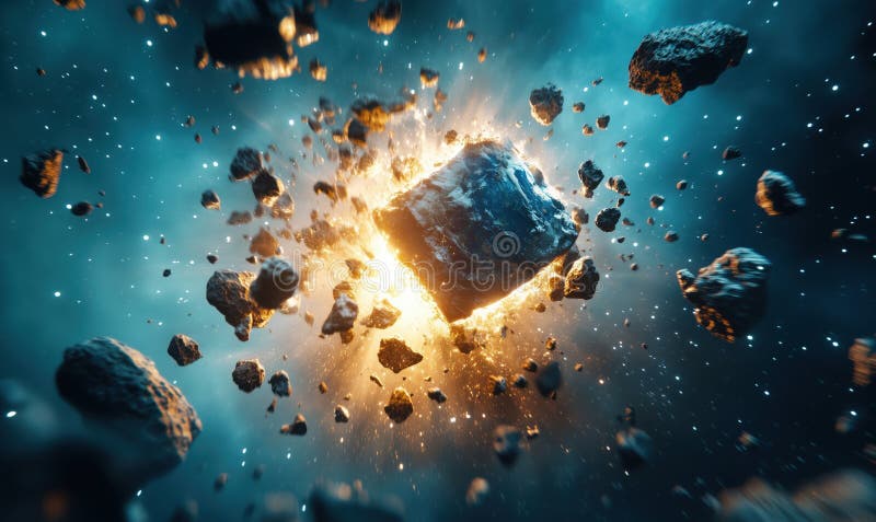 Asteroid Explosion in Space with Debris and Cosmic Background Stock ...