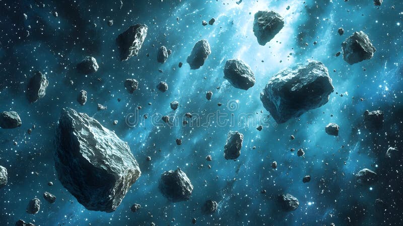 Asteroid Field in Deep Space with Glistening Rocks and Blue Nebula Dust Cloud at Night Stock ...