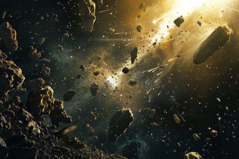 An Asteroid Field with Numerous Rocks and Debris Scattered in Space, an ...