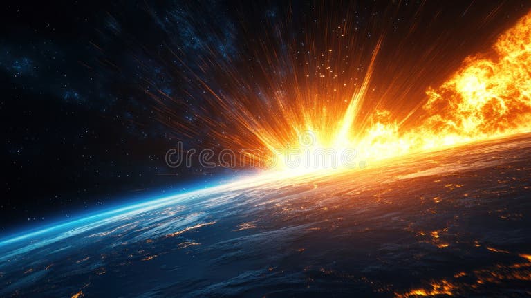 Asteroid Impact on Earth with Explosion and Fire in Outer Space Stock ...