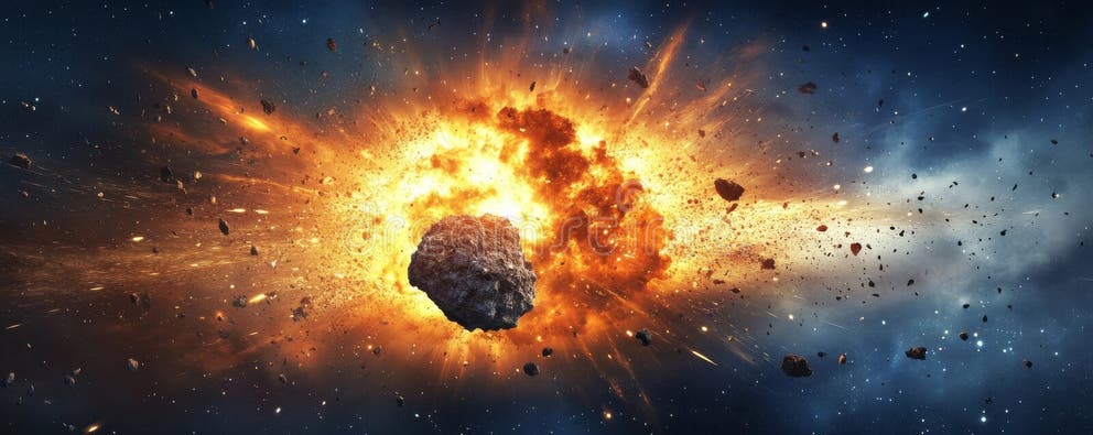 Asteroid Impact with Fiery Explosion in Deep Space, Cosmic Event ...