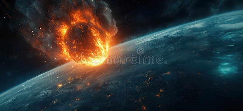 Asteroid Impacting Earth with Fiery Explosion and Cosmic Background ...