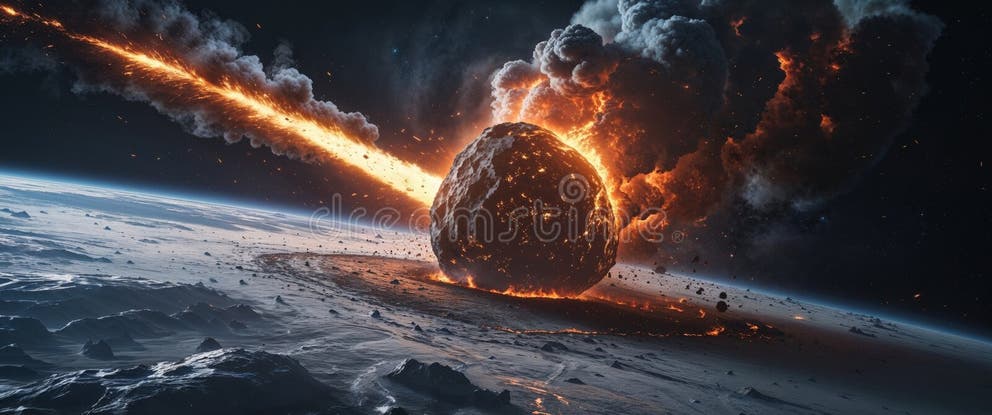 An Asteroid Impacts a Planet with Fire and Destruction from Space Stock ...