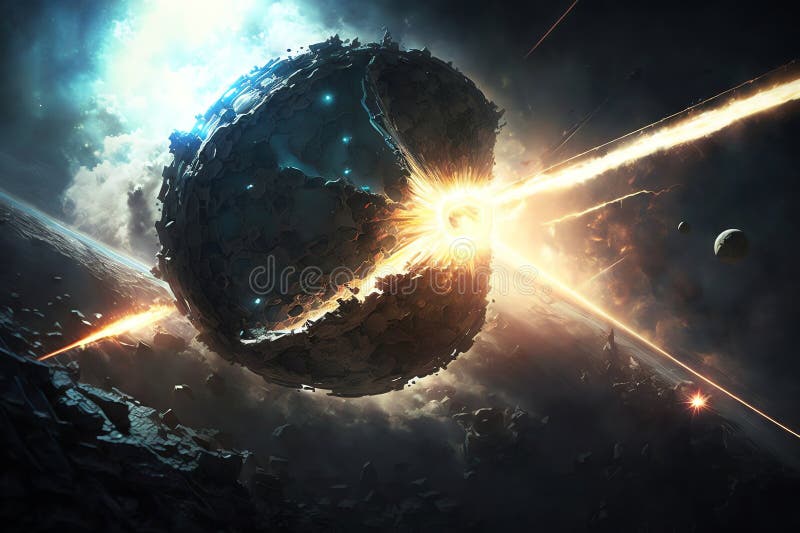 Asteroid or Meteorite Burst with Fire. Laser Explodes Big Asteroid ...