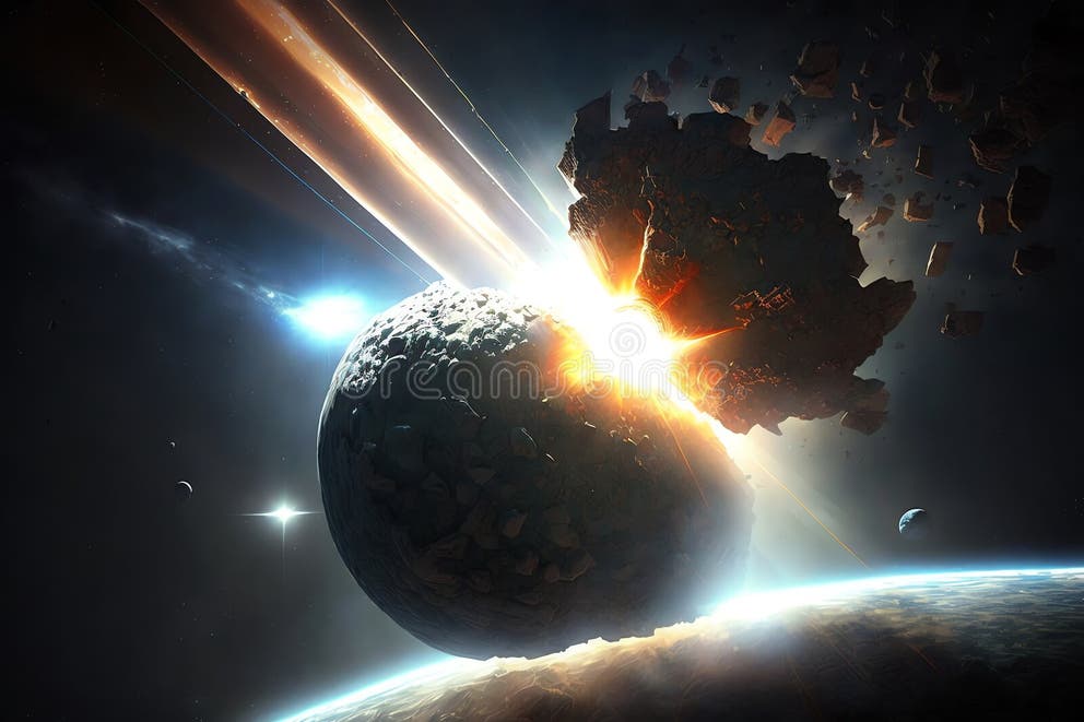 Asteroid or Meteorite Burst with Fire. Laser Explodes Big Asteroid ...
