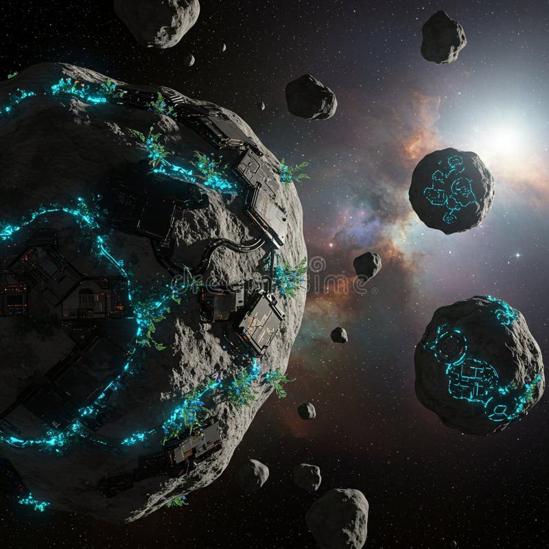 Asteroid Scene in Space Featuring Large Rocks with Complex, Glowing ...