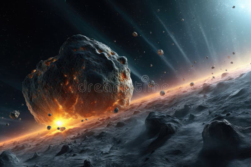 Asteroid Surface with Cosmic Dust Swirling Around Stock Illustration ...