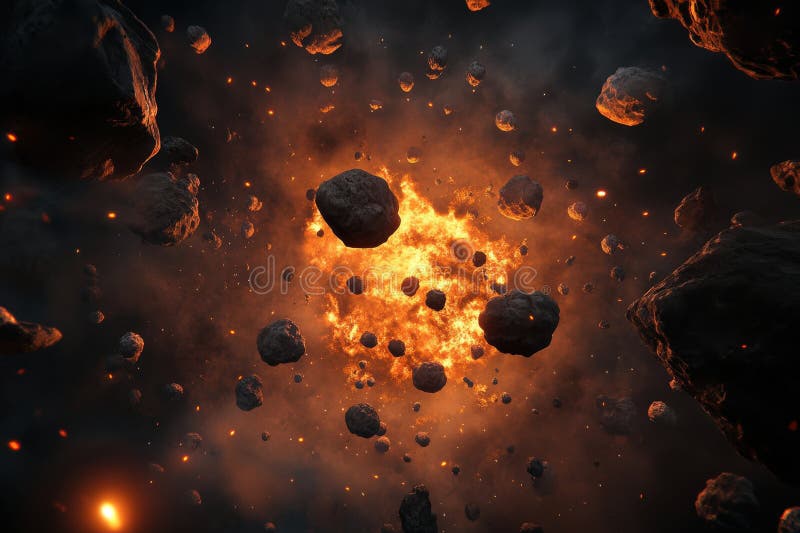 Asteroids in Fiery Cosmic Explosion with Glowing Debris Stock Photo ...