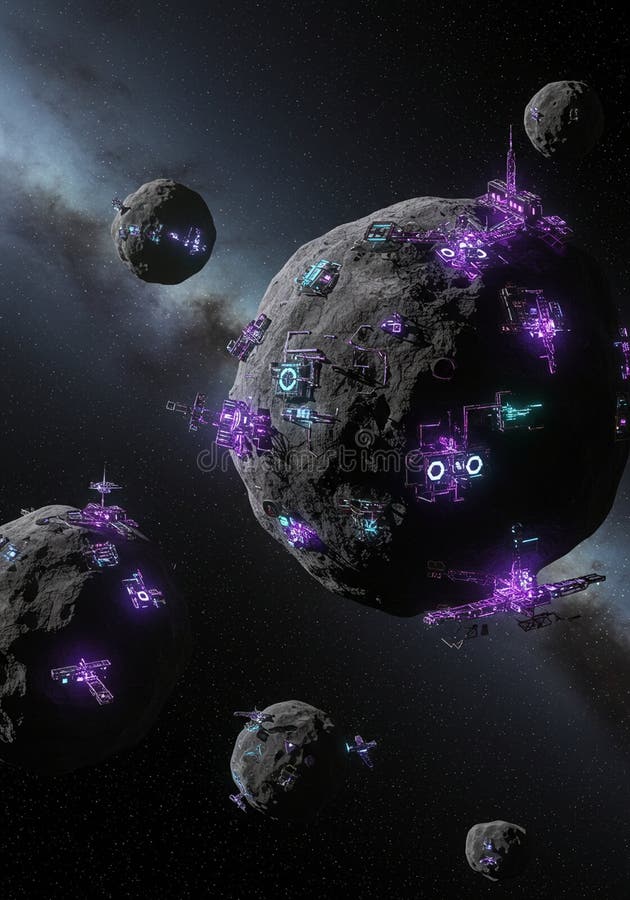 Asteroids Float in Space, Each with Illuminated Futuristic Structures ...