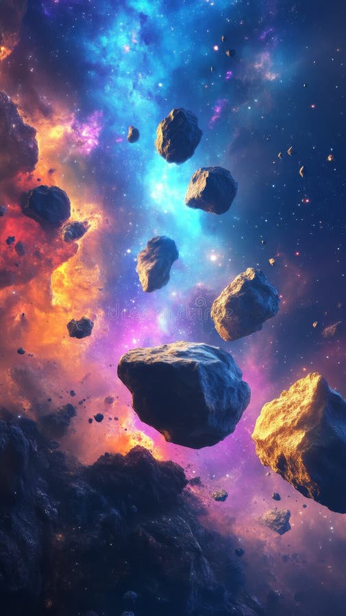 Asteroids Floating in Colorful Cosmic Nebula, Vibrant Outer Space Scene ...