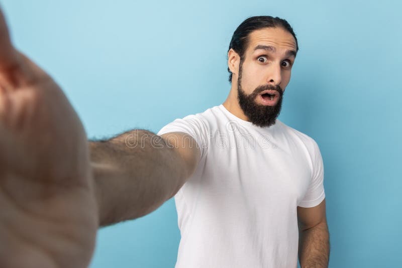Astonished Shocked Man Looking At Camera With Big Eyes And Open Mouth Taking Selfie Pov Stock