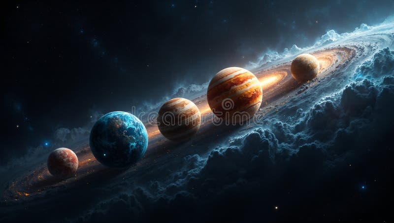 Astounding Planetary Alignment in Deep Space Stock Illustration ...