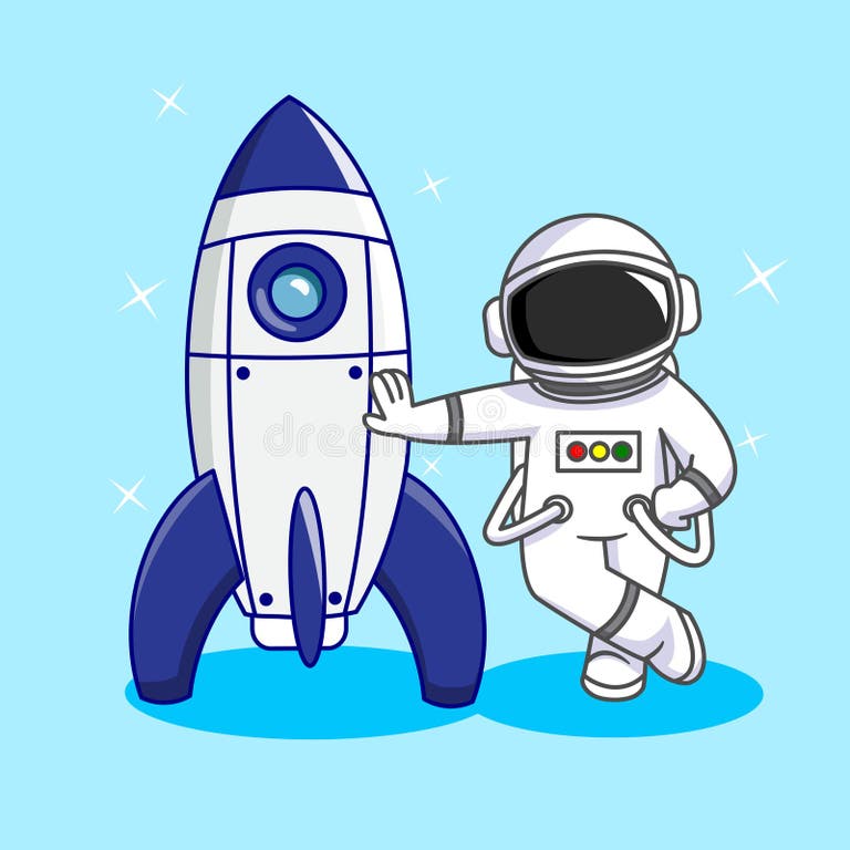 Cute Astronaut Leaning Pose with Rocket Stock Vector - Illustration of ...