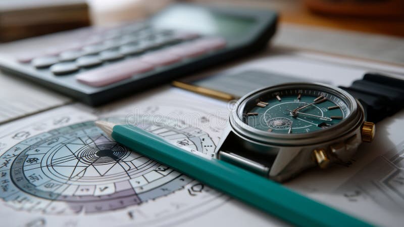 Astrological Birth Chart with Watch, Pencil and Calculator on Desk for ...
