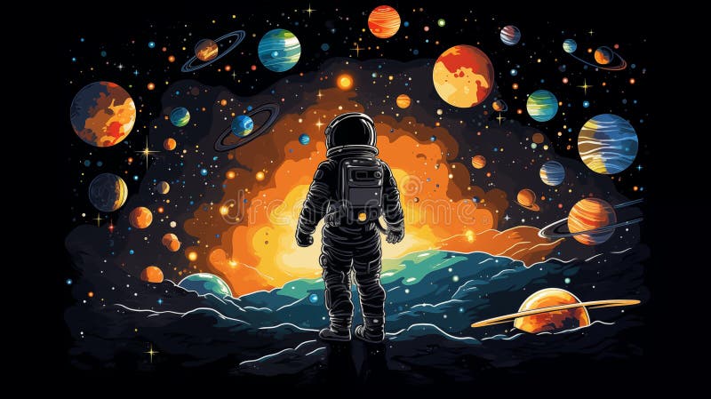 Astronaut Against Sky with Planets and Stars, Illustration of Space ...