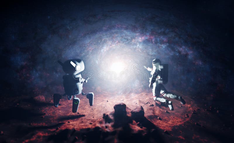 Astronaut and AI Robot Explore Alien Planet. Stock Illustration ...