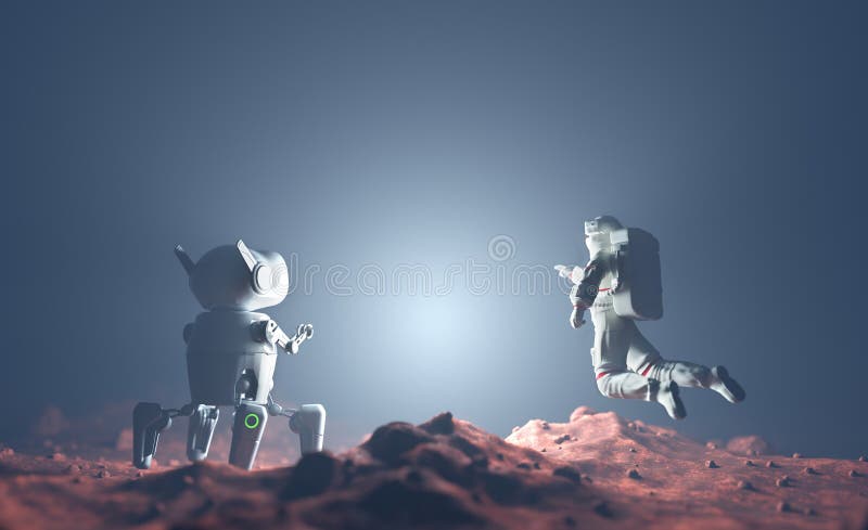 Astronaut and AI Robot Explore Alien Planet. Stock Illustration ...