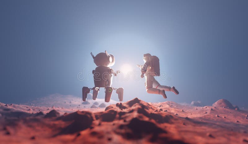Astronaut and AI Robot Explore Alien Planet. Stock Illustration ...
