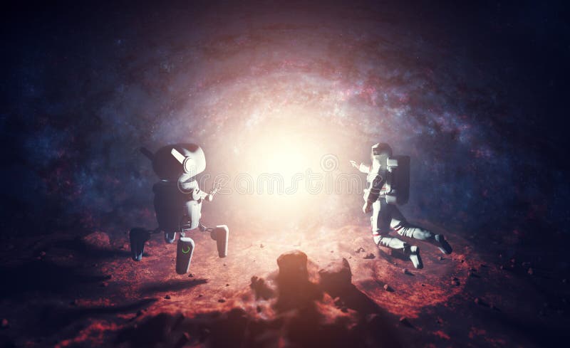 Astronaut and AI Robot Explore Alien Planet. Stock Photo - Image of ...