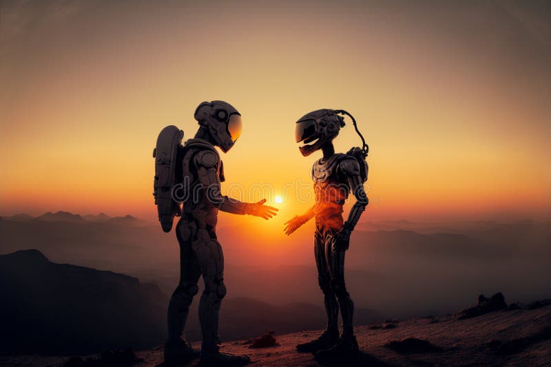 Astronaut and Alien or Android on Planet in Deep Space at Sunset ...