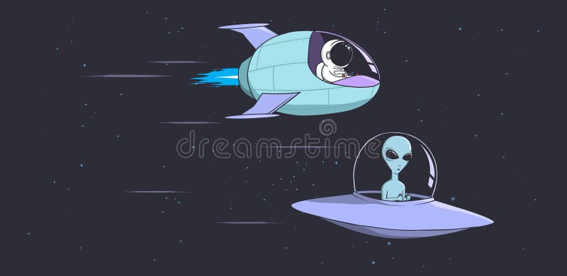 Astronaut and Alien Racing on Flying Saucers and Spaceship Stock Vector ...
