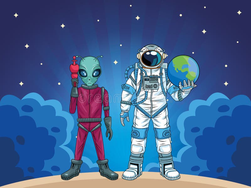Astronaut and Alien in the Space Characters Stock Vector - Illustration ...