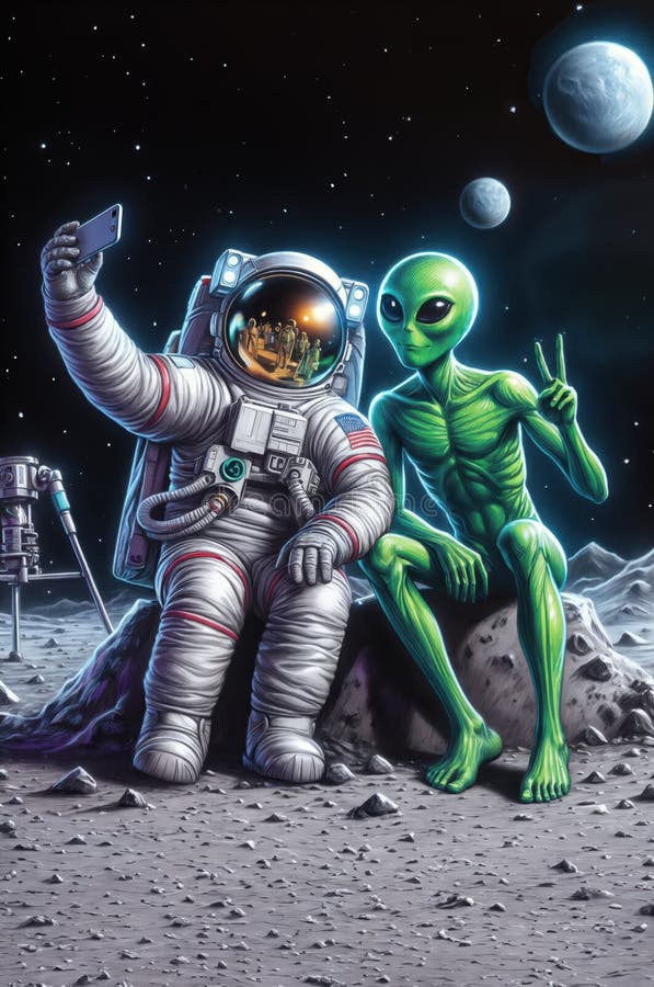 Astronaut and Alien Take Selfie. Friendship between Spaceman and Alien ...
