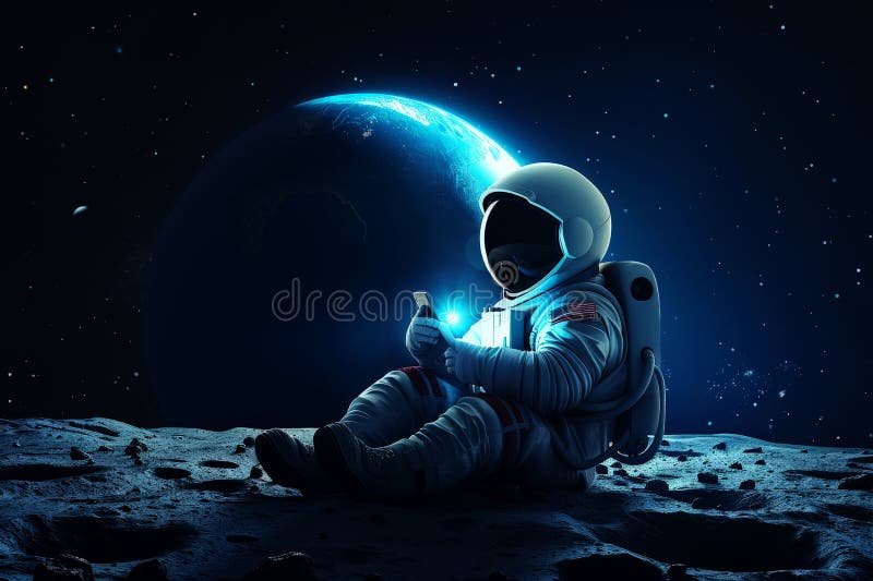 Astronaut Alone Sitting on Moon Looking at His Phone. Earth Planet on ...