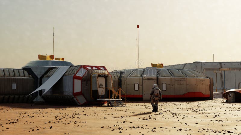 Astronaut Approaches a Martian Base with Modular Structures Under a ...