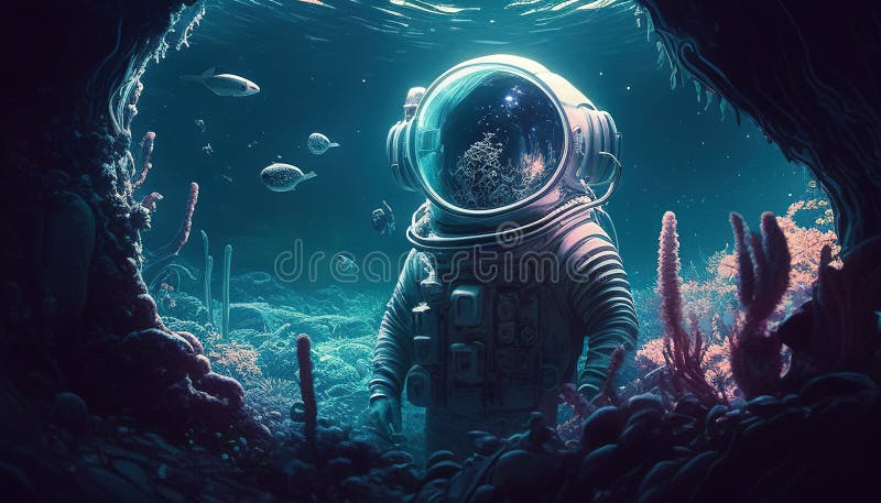 Astronaut on Aquatic Planet Digital Art Illustration, Generative AI ...