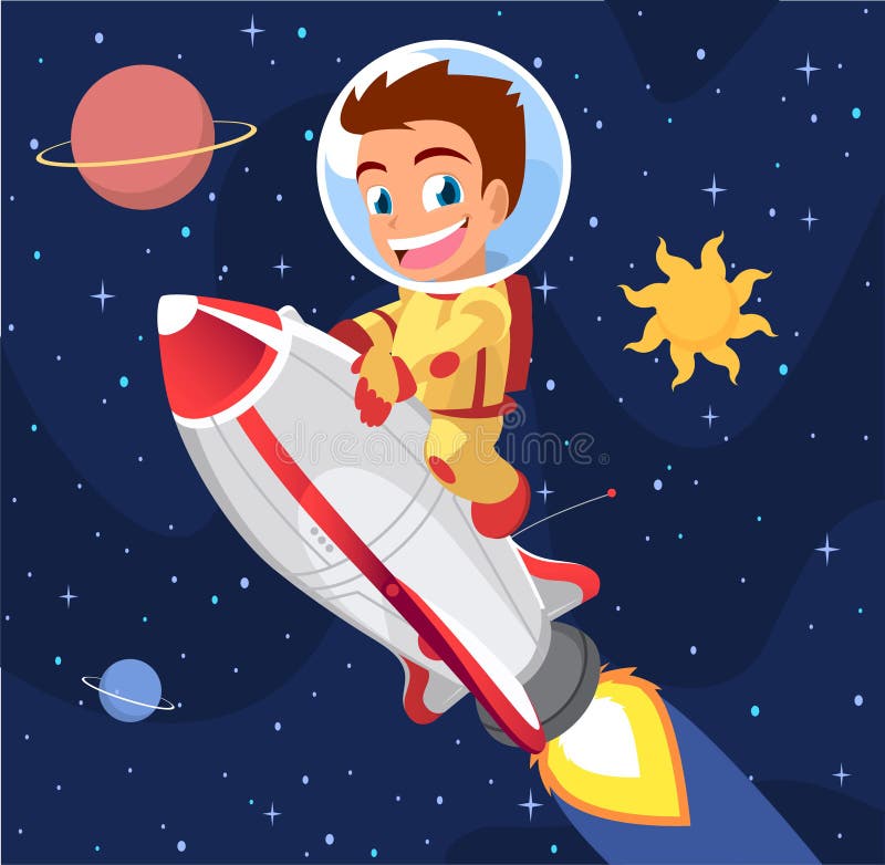 Boy Riding A Rocket Traveling Through Space Stock Illustration ...