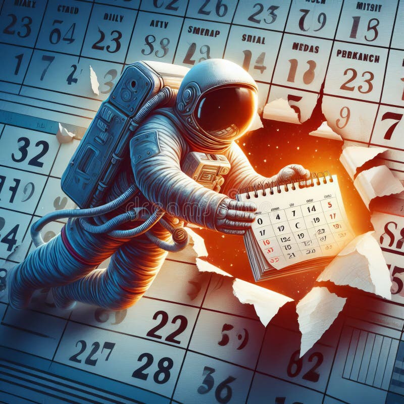 Astronaut Breaking through Calendar Holding Date Stock Photo - Image of ...