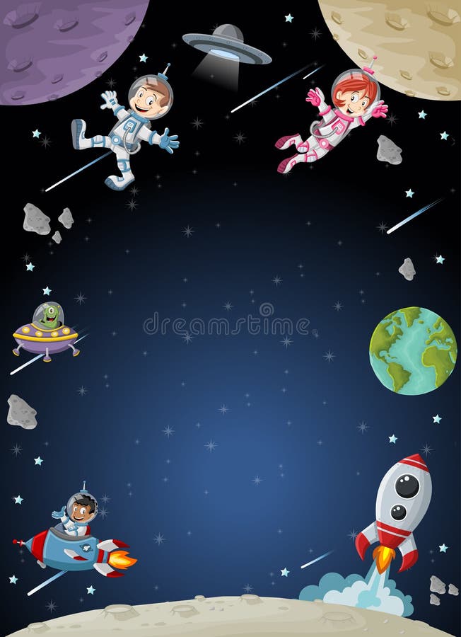 Astronaut Cartoon Characters on the Moon with a Alien Spaceship. Stock ...