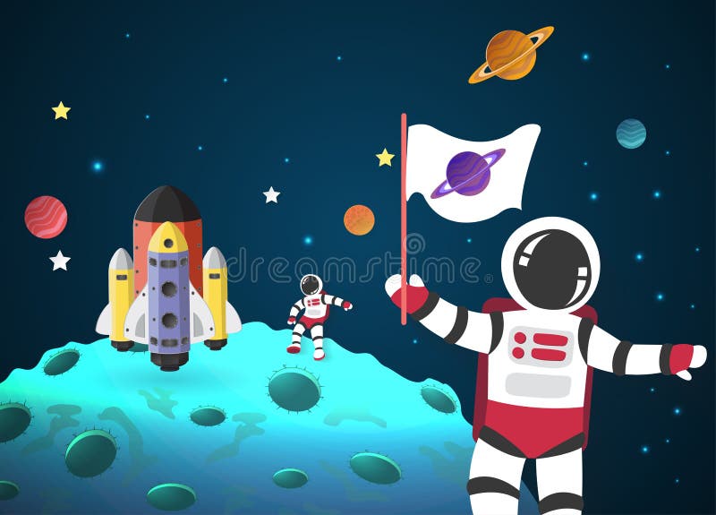 Astronaut Cartoon on the Moon with a Spaceship in Space Stock Vector ...