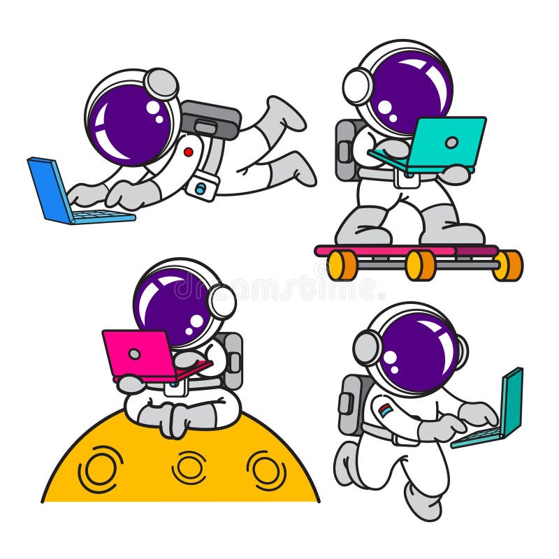 AstronautÂ cartoon Set, Animation , Flat Design, Laptop Computer Stock ...