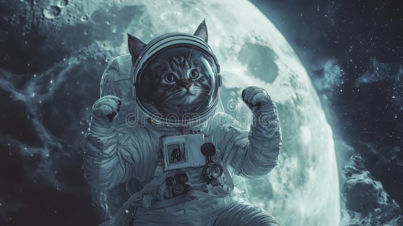 An Astronaut Cat Hovers Around the Moon with Lights on His Helmet and a ...