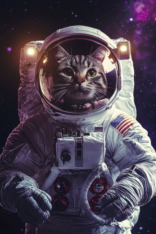 An Astronaut Cat Hovers Around the Moon with Lights on His Helmet and a ...