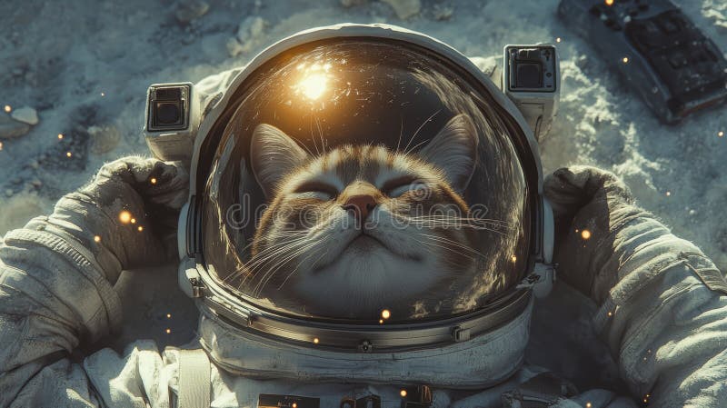 An Astronaut Cat Hovers Around the Moon with Lights on His Helmet and a ...