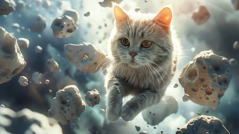 Astronaut Cat Weaving through Asteroids, Clear Space Scene Stock Illustration - Illustration of ...