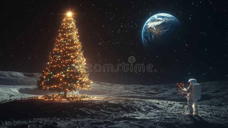 An Astronaut Celebrates Christmas on the Moon with a Decorated Tree ...