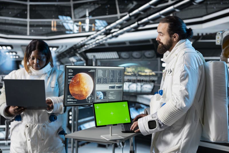 Astronaut Checks Green Screen Tablet Interface before Landing Spaceship ...