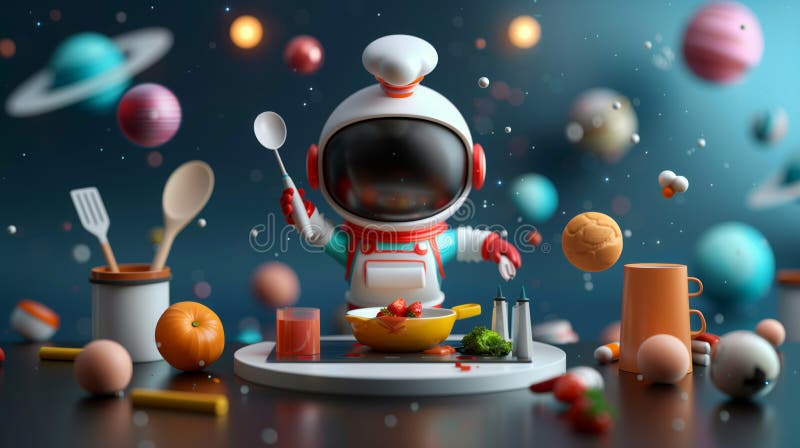 An Astronaut Chef Cooks in Zero Gravity, Surrounded by Floating Planets ...
