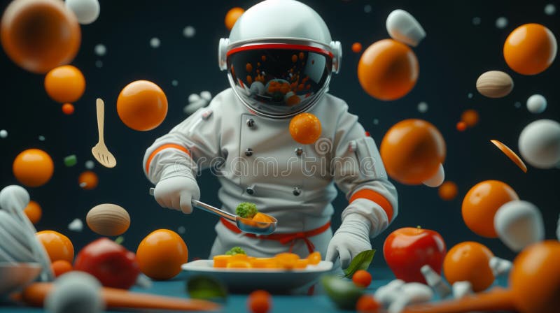 An Astronaut Chef Prepares Food in a Spaceship while Floating in Zero ...