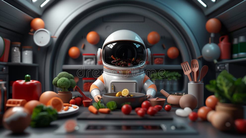 An Astronaut Chef Prepares a Meal in a Zero Gravity Kitchen Aboard a ...