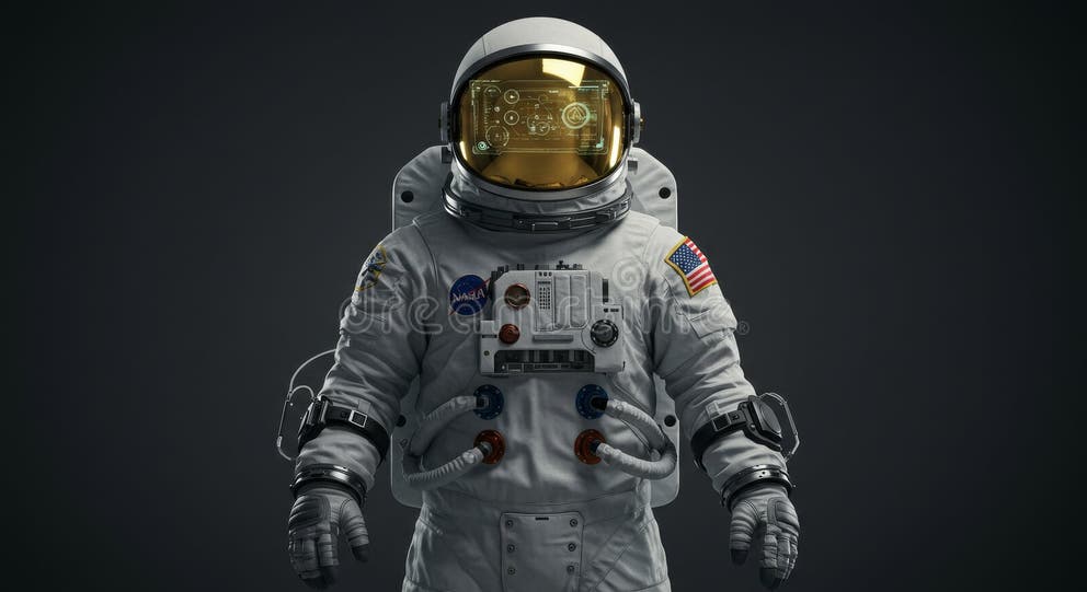 Astronaut in Classic Space Suit with Reflective Visor and Control Panel ...