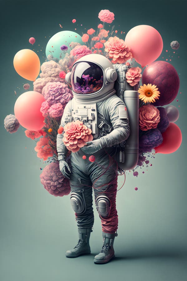 Astronaut with Colorful Flowers and Balloons Stock Illustration ...