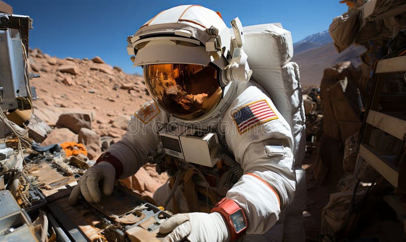 Astronaut Conducting Equipment Maintenance on Mars Surface Stock Photo ...